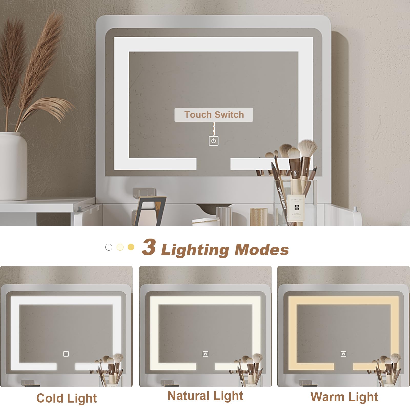 HIMAmonkey Small Makeup Vanity with Mirror and Lights, 3-in-1 Vanity Desk with 3 Drawers, Corner Vanity Set with Soft Stool, Compact Dressing Table for Living Room/Bedroom-19.7in/White
