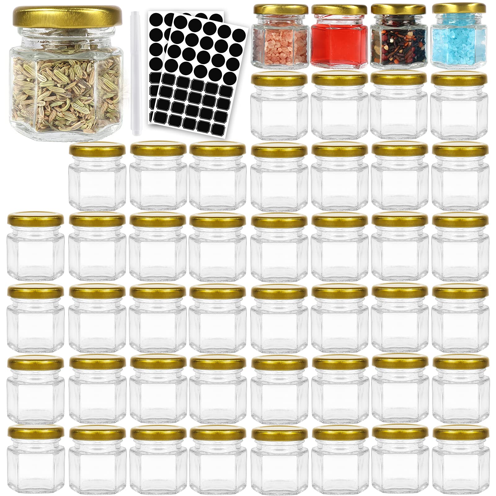 STARSIDE 48 Pack 1.5 oz Hexagon Glass Canning Jars with Gold Lids, Mini Jam Jars for Honey,Sauce,Baby Foods, Wedding Favors,DIY Small Spice Jars. Include 1 Pen and 80 Labels.