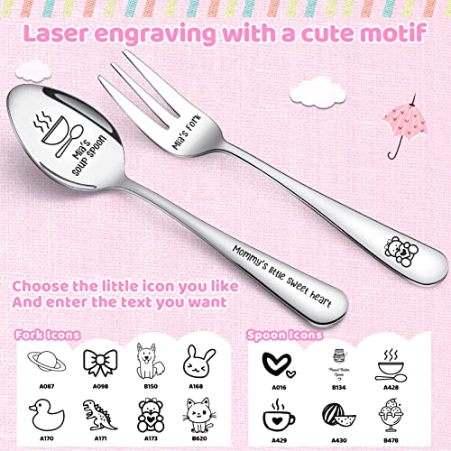 Nibana Custom Toddler Utensils, 2 PCS Personalized Kids Silverware Set, Stainless Steel Toddler Fork and Spoon with Engaved Name Dinosaur Unicorn Bunny, Mirror Polished, Dishwasher Safe