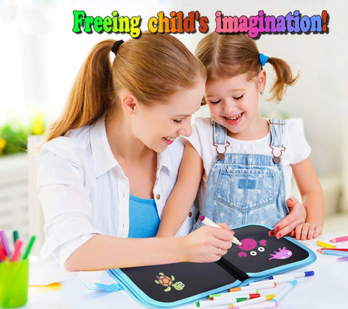 T-Antrix Kids Erasable Doodle Book Set, Reusable Drawing Pads, Preschool Travel Art Toy Scribbler Board for Travel, Road Trip, 14 Pages with 12 Watercolor Pens