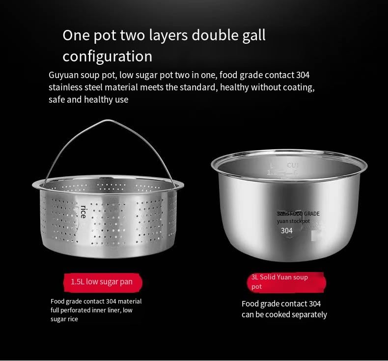 Low Carbon Rice Cooker, Multifunctional Rice Cooker, 304 Stainless Steel Non Stick Inner Pot Rice Cooker, Three iInternal Container Designs For Separating Rice Soup, 24-Hour Timer Design(220v)