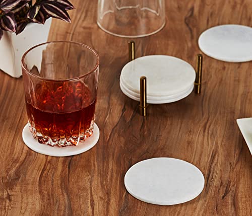 Queenza Marble Coasters for Drinks, Set of 6 Coasters with Holder, Pearl White Marble Coasters 3.5 Inch Wide 5 mm Thick Gold Coasters For Drinks, Both Side Polish For Scratch Free Surface Coaster Set