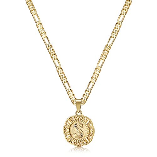 KissYan Initial Necklace For Women Girl,14K Gold Plated Round Letter Pendant Necklace Capital Monogram Necklace Alhpabets from A-Z Figaro Chain Necklace(Gold S)