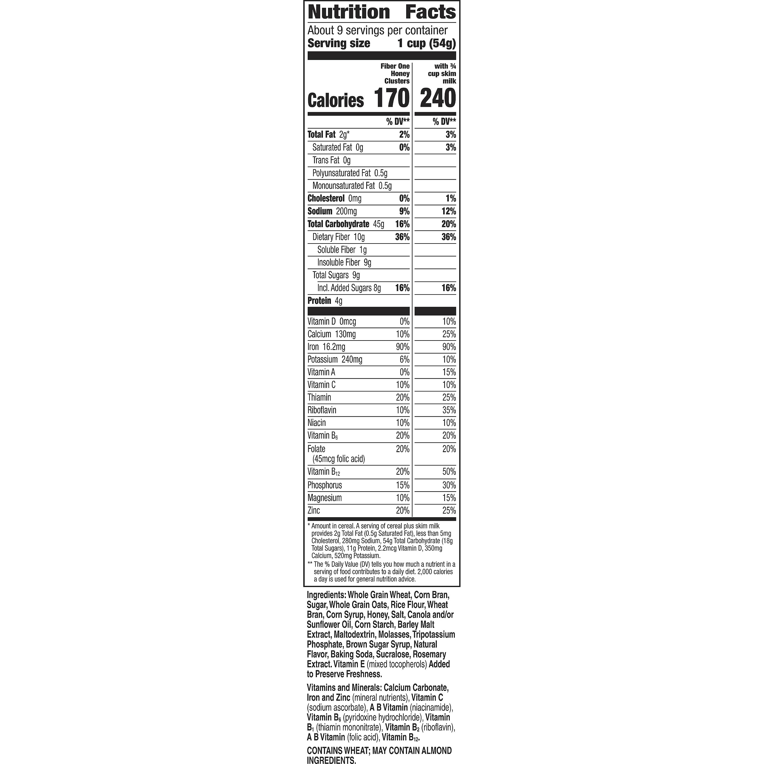 Fiber One Honey Clusters Breakfast Cereal, Fiber Cereal Made with Whole Grain, 17.5 oz