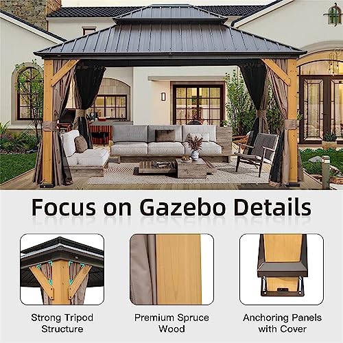 Jaxenor Outdoor Cedar Wood Frame Canopy - 12'x14' Hardtop Gazebo with Galvanized Steel Double Roof - Permanent Metal Pavilion for Patio, Backyard, and Lawn - Includes Curtains and Netting - Brown