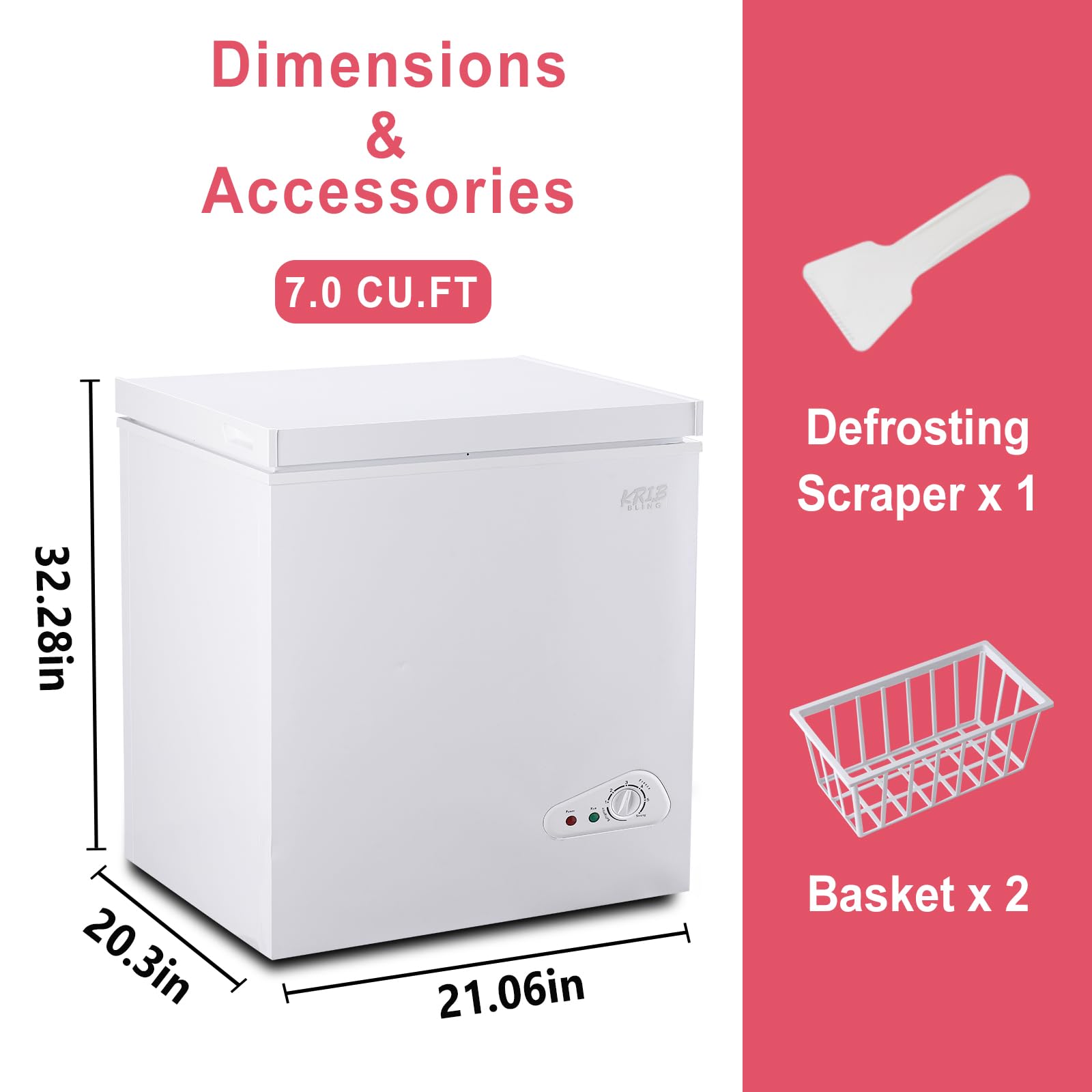 KRIB BLING Chest Freezer with Freezer Basket, 7.0 Cu. Ft Mini Freezer 7 Temperature Levels Thermostat, Top Door Open, Ideal for Home, Kitchen & Office, White