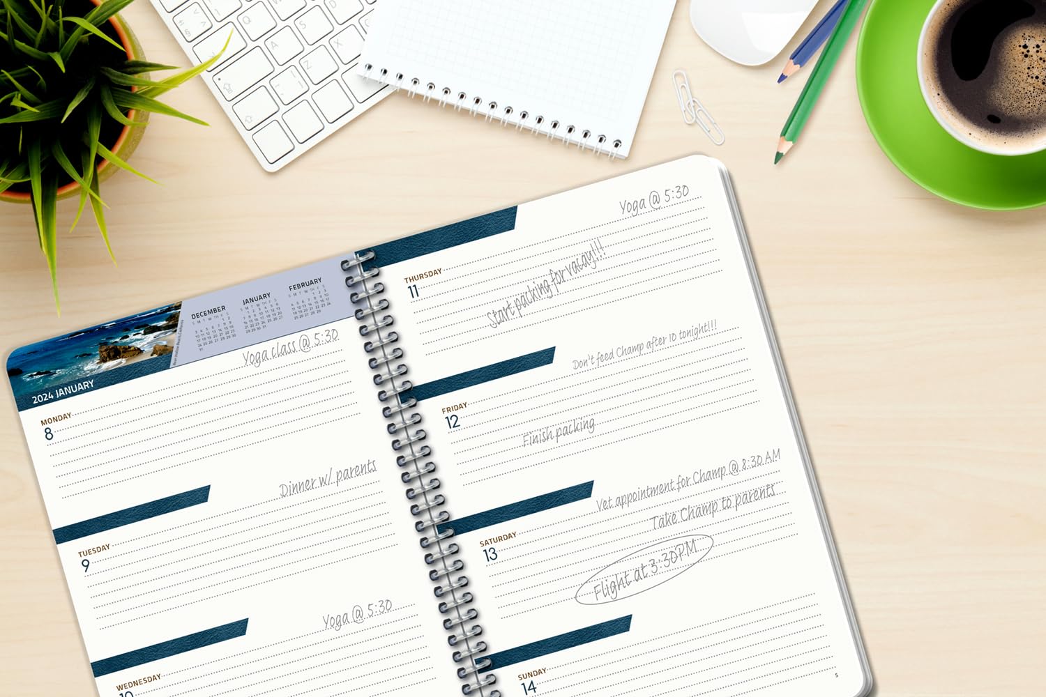 Dated 2024 Week at a Glance Annual Planner Courage - Small (5.5 x 8.5 Inches) - Daily Lines, Monthly Space, Yearly Calendars. Calming Lagoon. Organizer, Life Planner