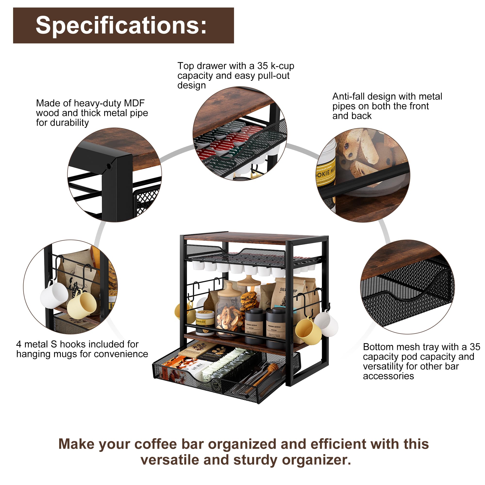 IZLIF Coffee Pod Stand 70 Capacity Cup Holder Drawer Coffee Pod Organizer for Counter with Mug Hook Racks, Black
