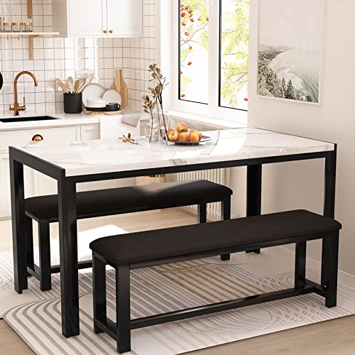 Recaceik Dining Table Set for 4, Kitchen Table and Chairs for 4, Faux Marble Dining Room Table with 2 Benches, Space Saving Dining Table and Upholstered PU Leather Bench for Small Spaces, White