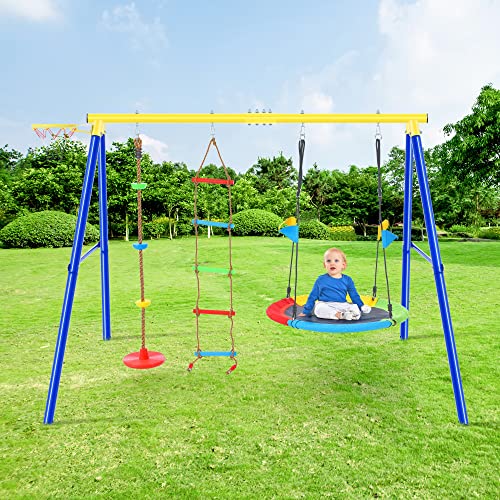 Saucer Swing Set for Backyard 4 in 1, YMERSEN Swing Set Outdoor for Kids with Steel Frames, Climbing Rope with Disc Tree Swing Play Set, and Basketball Hoop Blue