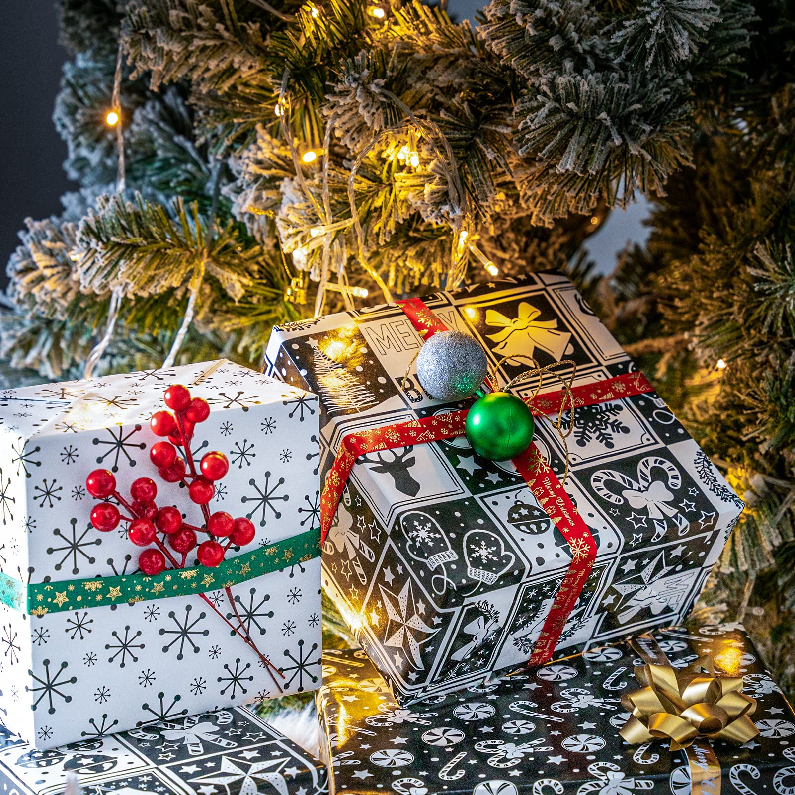 LeZakaa Christmas Wrapping Paper Mini Roll - Bell & Tree/Candy Canes/Snowflakes in Black & White for Gift Wrap, Arts Crafts - 17 x 120 inches - 3 Rolls (42.5 sq.ft.ttl.)