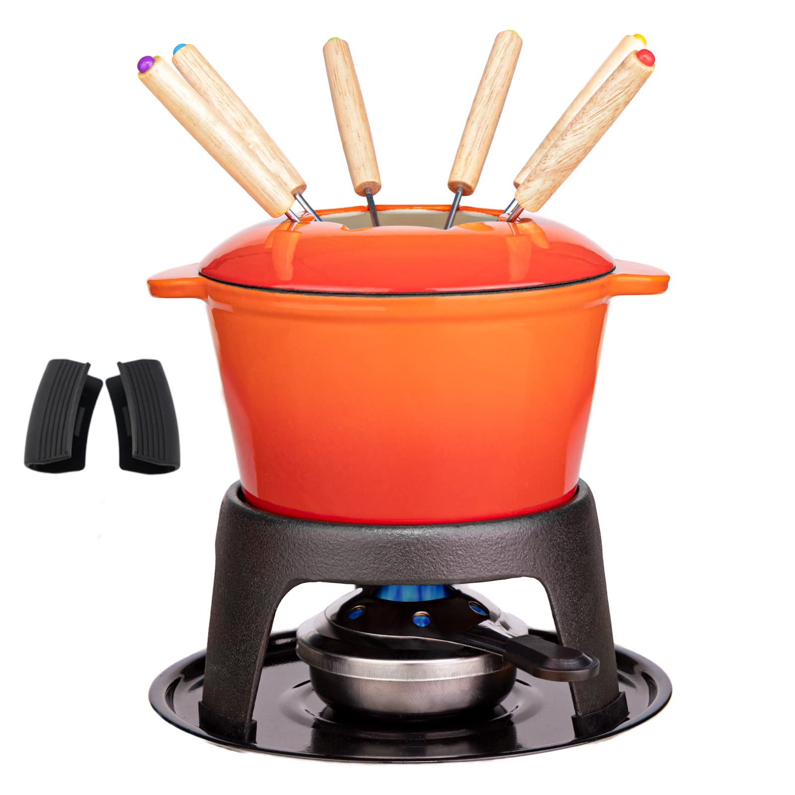 Mabeeze Cast Iron Fondue Set for Cheese, Chocolate or Meat - Includes Enameled 1.6 Qt Pot, 6 Fondue Forks, Burner, Stand, Base and Mitts