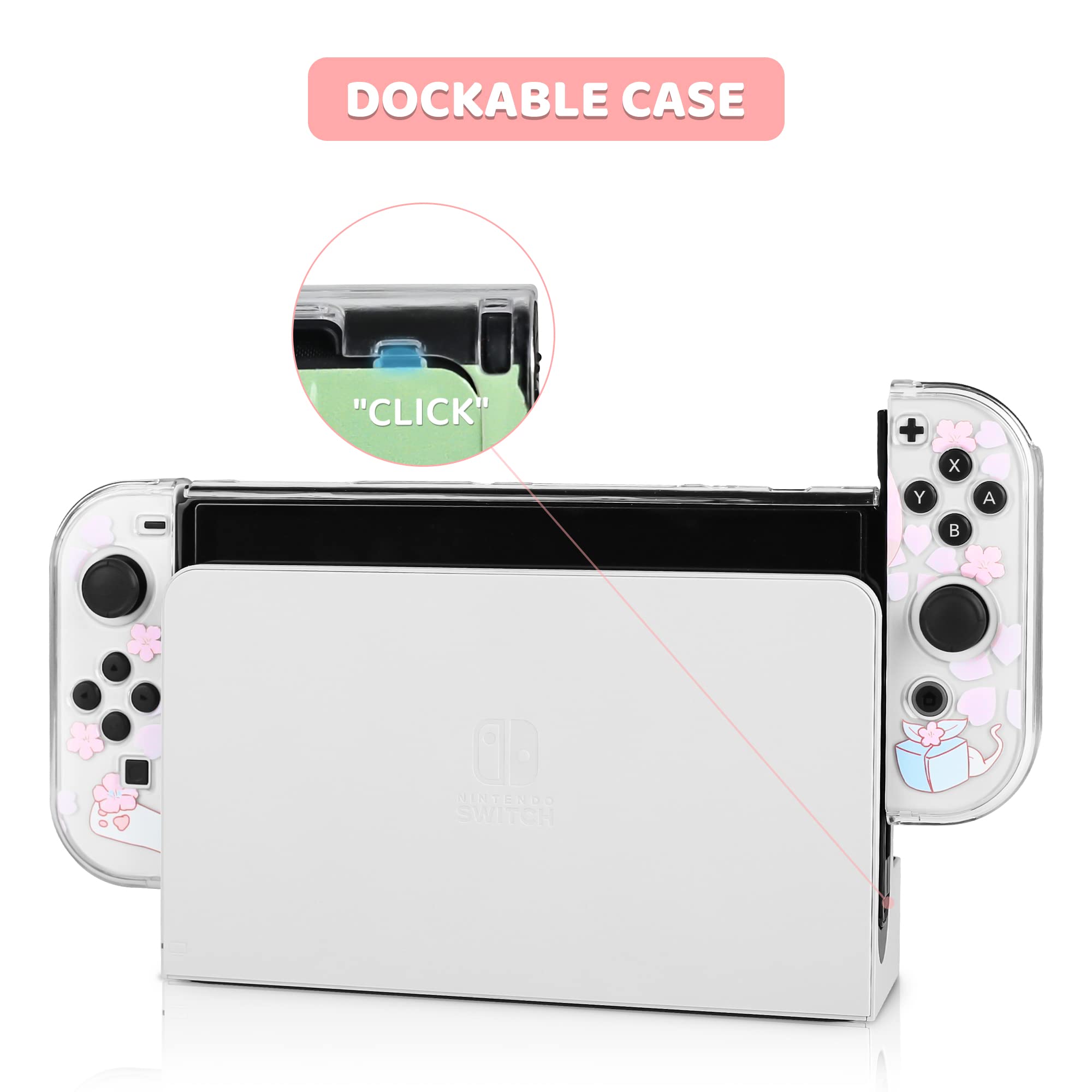 FANPL Cute Case Compatible with Nintendo Switch OLED, Case Cover with Sakura Cat Pattern for Switch OLED Console & Joycon, Hard PC Flip Shell with Ergonomics Grip Case, Kawaii Dockable Skin for Girls