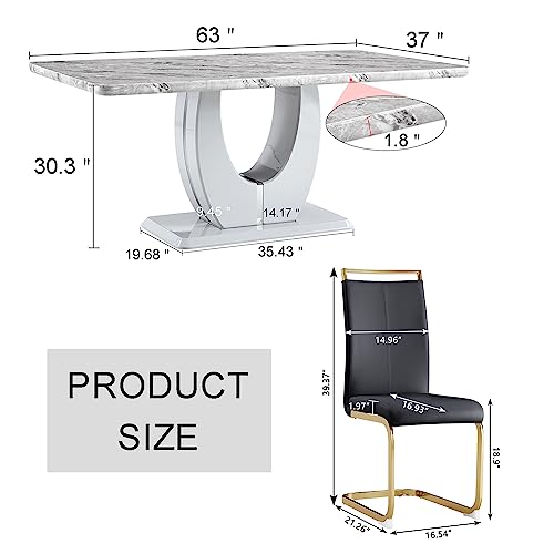 JUFU Modern Dining Table Set for 6,Rectangula Kitchen Table Set with Faux Marble Tabletop&6 Pu Leather Upholstered Chairs Ideal for Dining Room, Kitchen