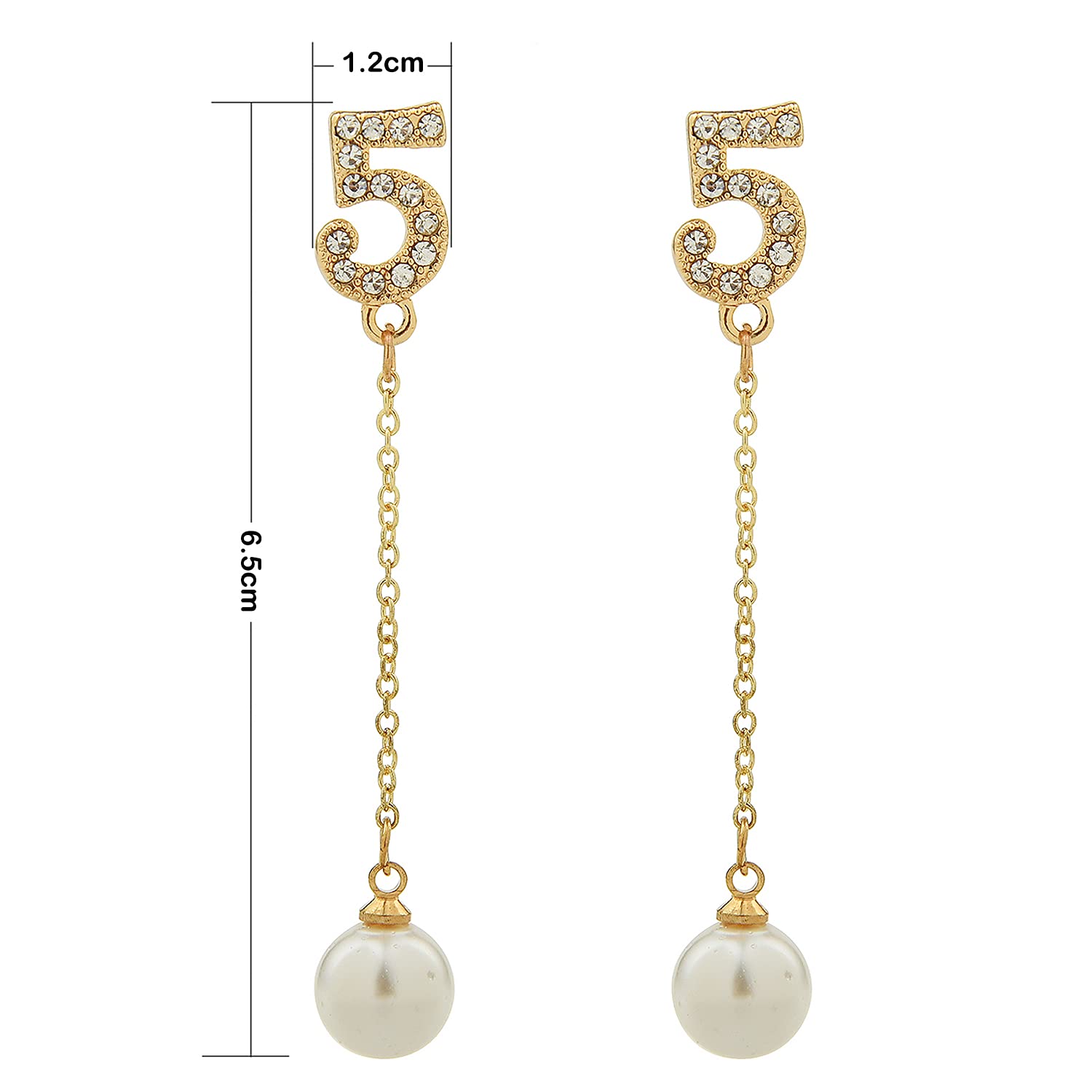 Fashion Design Rhinestone Faux Pearl Lucky Number Five Long Charm Dangle Drop Earrings Studs