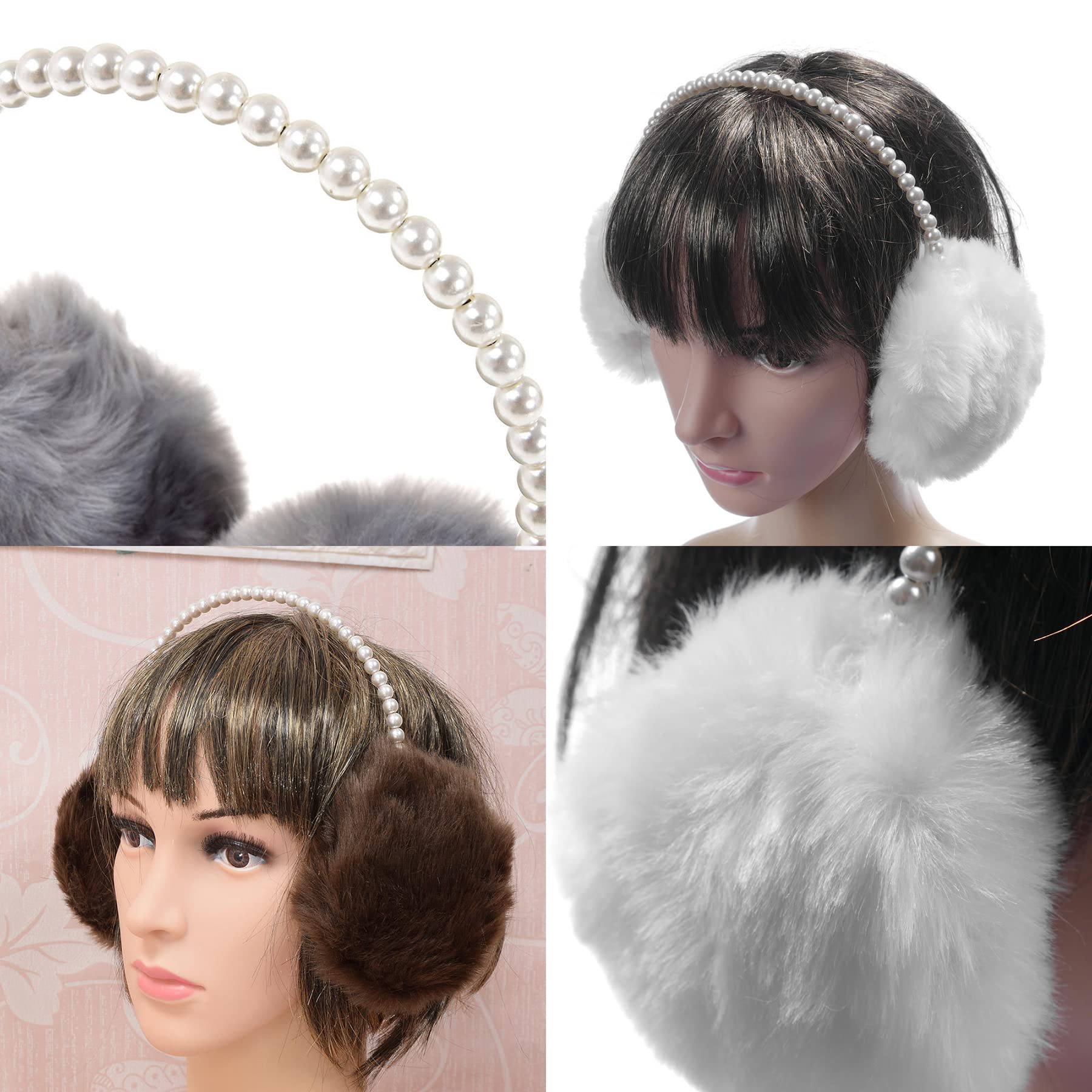 EOPER 2 Pieces Pearl Winter Earmuffs, Soft Plush Ear Warmers, Cold Weather Warm Hair Accessories (White+Pink)