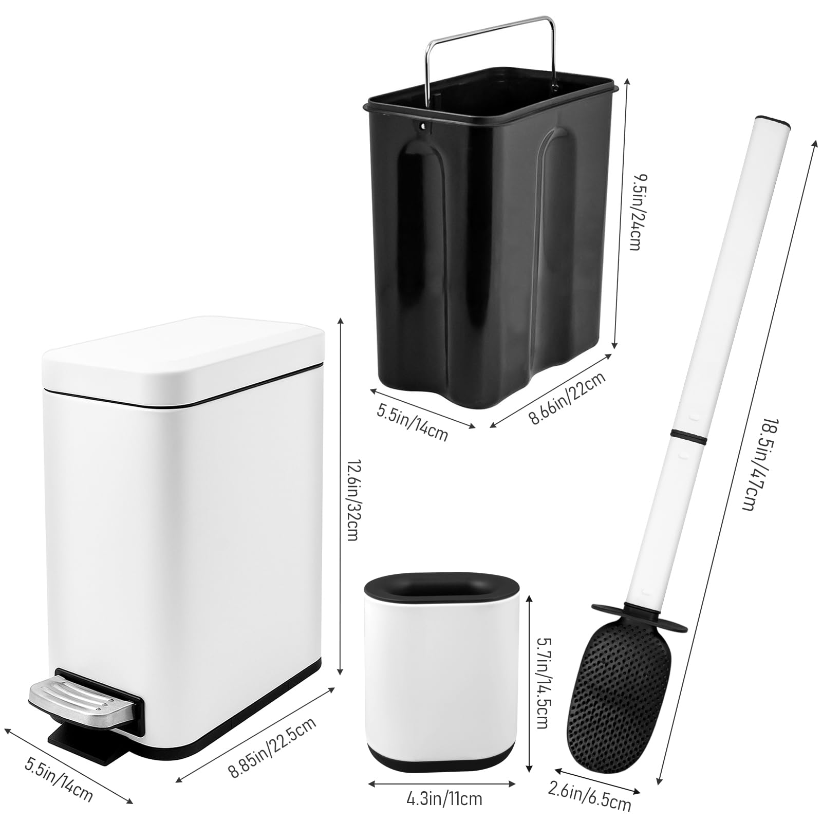 M-Aimee Slim Trash Can and Toilet Brush Combo, Stainless Steel Garbage Can, 1.3 Gallon / 5 Liter, Rectangle Step Small Garbage bin, Soft Close, Removable Plastic Bucket (White)