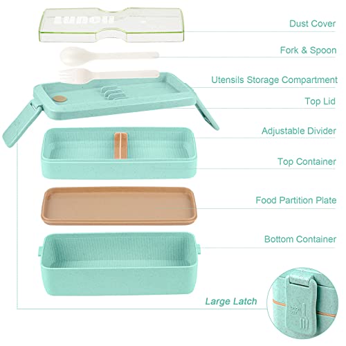 NatraProw Bento Box Adult Lunch Box with Bag, 2 layer Leakproof Lunch Box with Containers Included, BPA Free, Wheat Straw, BPA Free, Microwave Safe, Green