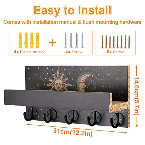 Key Holder for Wall, Patterned Key Hanger for Wall with Shelf, Decorative Key and Mail Holder with 5 Key Hooks for Entryway,Black Sun Moon