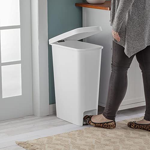 Sterilite Slim Trash Can with Lid, Step On 11 Gal White Kitchen Garbage Can for Bathroom, Bedroom, Home, and Outdoor, Wholesalehome Microfiber Cleaning Cloth Included