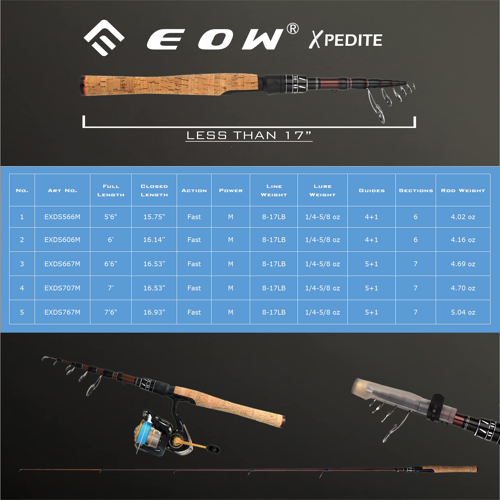 EOW XPEDITE Portable Telescopic Spinning Fishing Rods, 24T Carbon Blanks & Solid Carbon Tip, Travel Rod, Fresh & Salt Water Fishing, Short Collapsible Rods