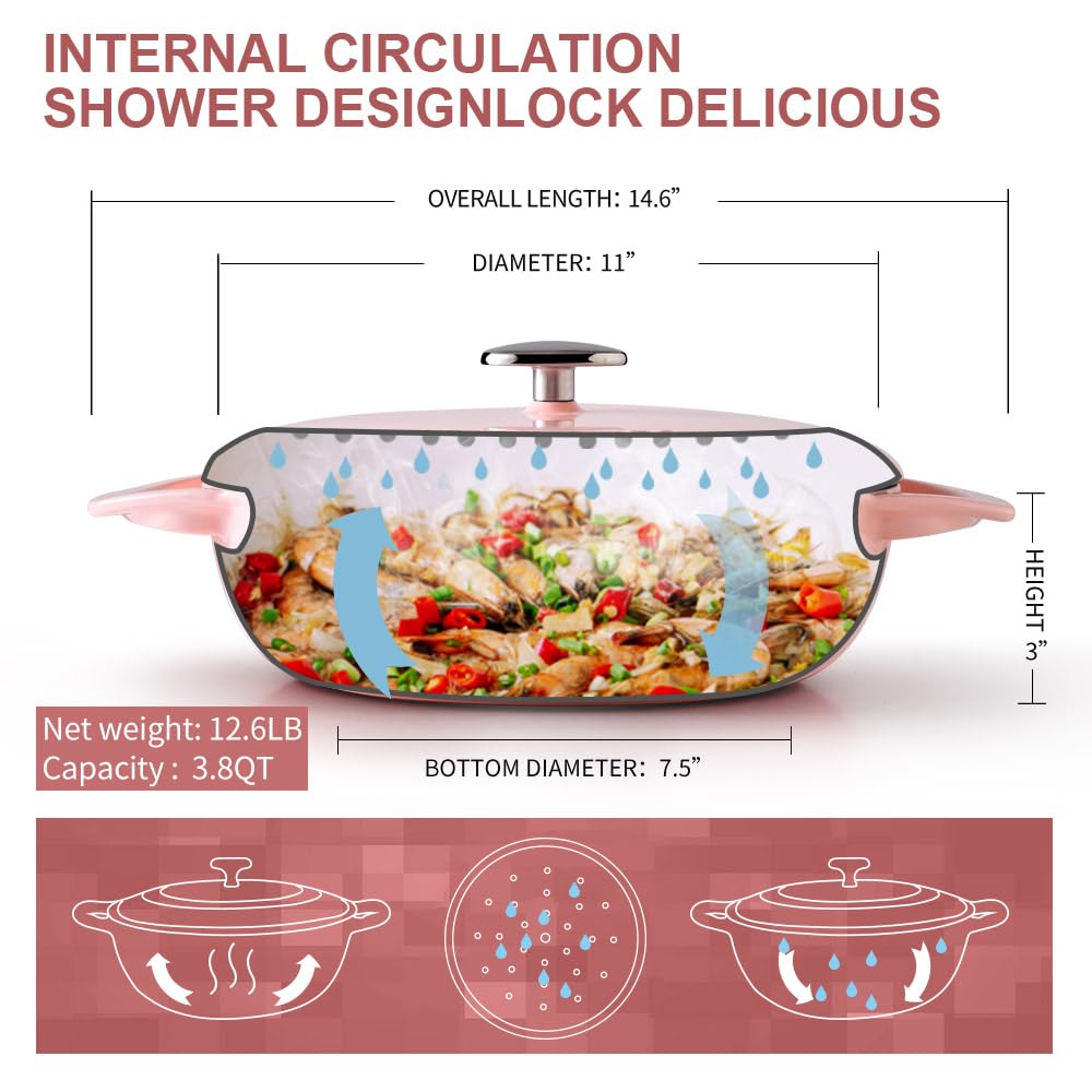 M-COOKER 3.8 Quart Enameled Cast Iron Braiser Pan with Lid,Covered Cast Iron Casserole Dish, Shallow Dutch Oven with Lid, Gift Idea for Family, Oven Safe (Sakura pink)