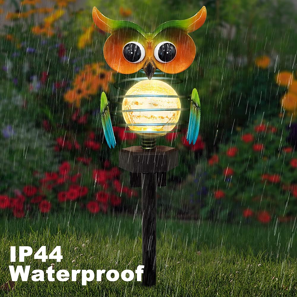 Solar Garden Lights Outdoor, Solar Owl Lights Waterproof Decor, Garden Stake Lights Solar Powered Crackle Glass Globe Lights Outdoor Warm White Owl LED Lights for Yard Lawn Patio Pathway Walkway