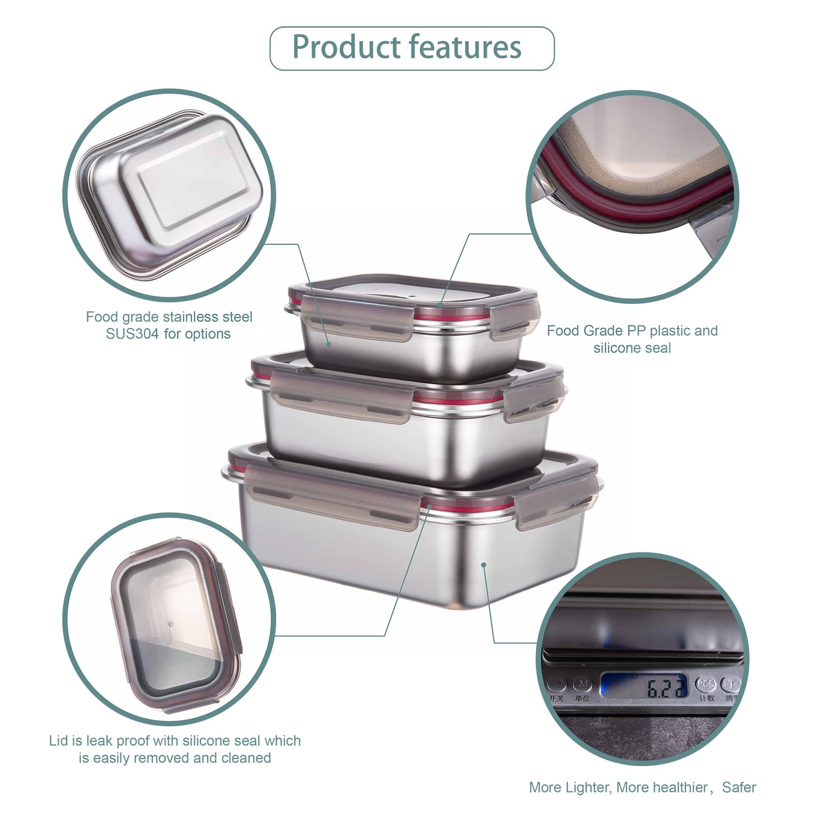 GC GENICOOK Stainless steel food storage containers leak proof & airtight lids for Kitchen,stainless steel bowl,meal prep lunch box,freezer and microwave safe,rectangular,reusable & stackable