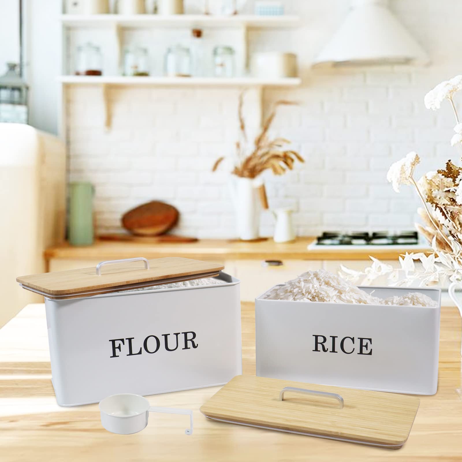 Gdfjiy Kitchen Canisters Set of 2, Metal Rice Storage Bin Flour Tin, Rustic Farmhouse Canister Jars, Food Storage Container for Rice Flour Soybean Grain Cereal-White