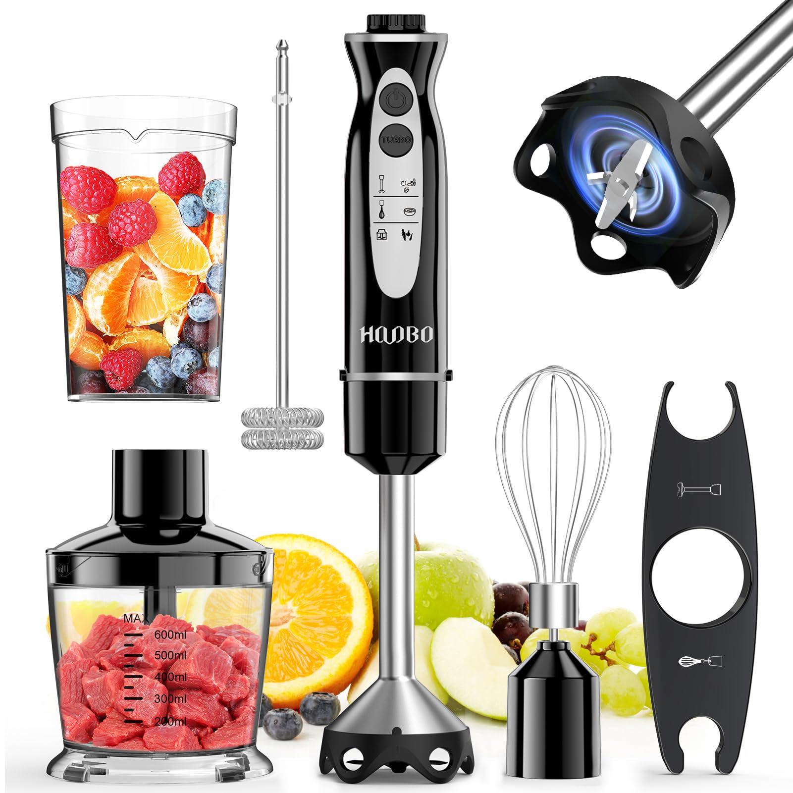 HOVOBO Immersion Blender Handheld 1000W Powerful Scratch Resistant Hand Blenders for Kitchen, Stick Blender Immersion Variable Speed and Turbo Mode, Low-Noise, Beaker Chopper Whisk Milk Frother
