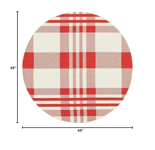 SAFAVIEH Courtyard Collection 4' Round Red/Bone CY6201 Plaid Indoor/ Outdoor Patio Backyard Mudroom Area Rug