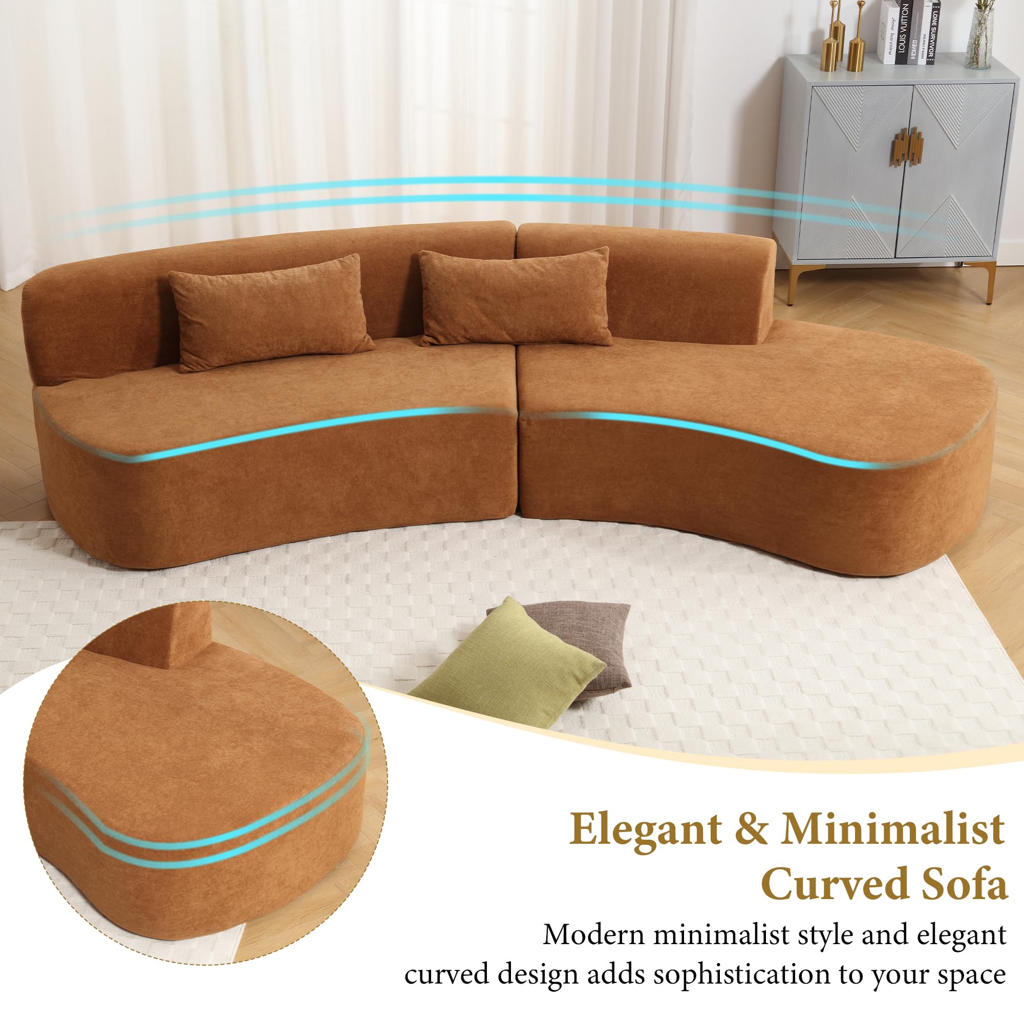 GNIXUU 118.1" Curved Sectional Sofa Couch for Living Room, Minimalist Modern Orange Modular Sectional Sofa, Comfy Cashmere Fabric Cloud Couch with Deep Seat & Chaise for Bedroom, Office
