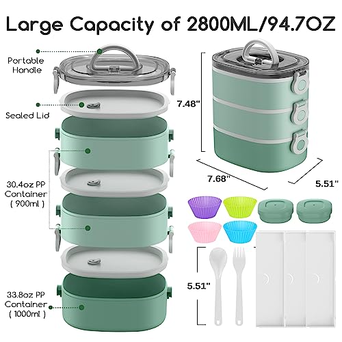 KHOXU Bento Lunch Box, Stackable 3 Layers Bento Box Adult Lunch Box, 94OZ Large Capacity Lunch Containers, Lunch Box Kids with Accessories Kit , Leak-Proof, Food-Safe Materials, Green