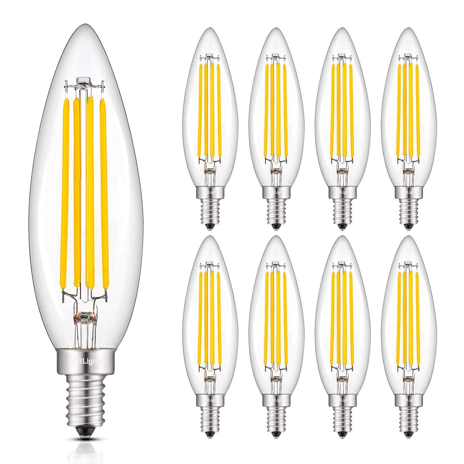 CRLight 8W High Brightness LED Candelabra Bulb 2700K Warm White, 80W Equivalent 800LM, E12 Dimmable LED Candle Bulbs, Upgraded Lengthened B11 Clear Torpedo Chandelier Light Bulbs, 8 Pack