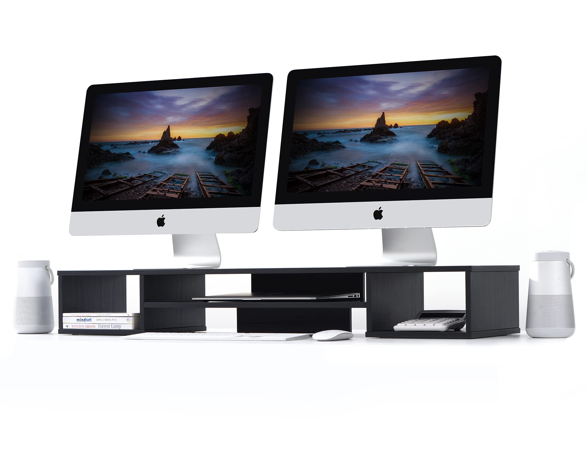 GICLAIN Dual Monitor Stand, Computer Dual Monitor Riser, Multi Screen Monitor Stand with 4 Storage Compartments (Black)