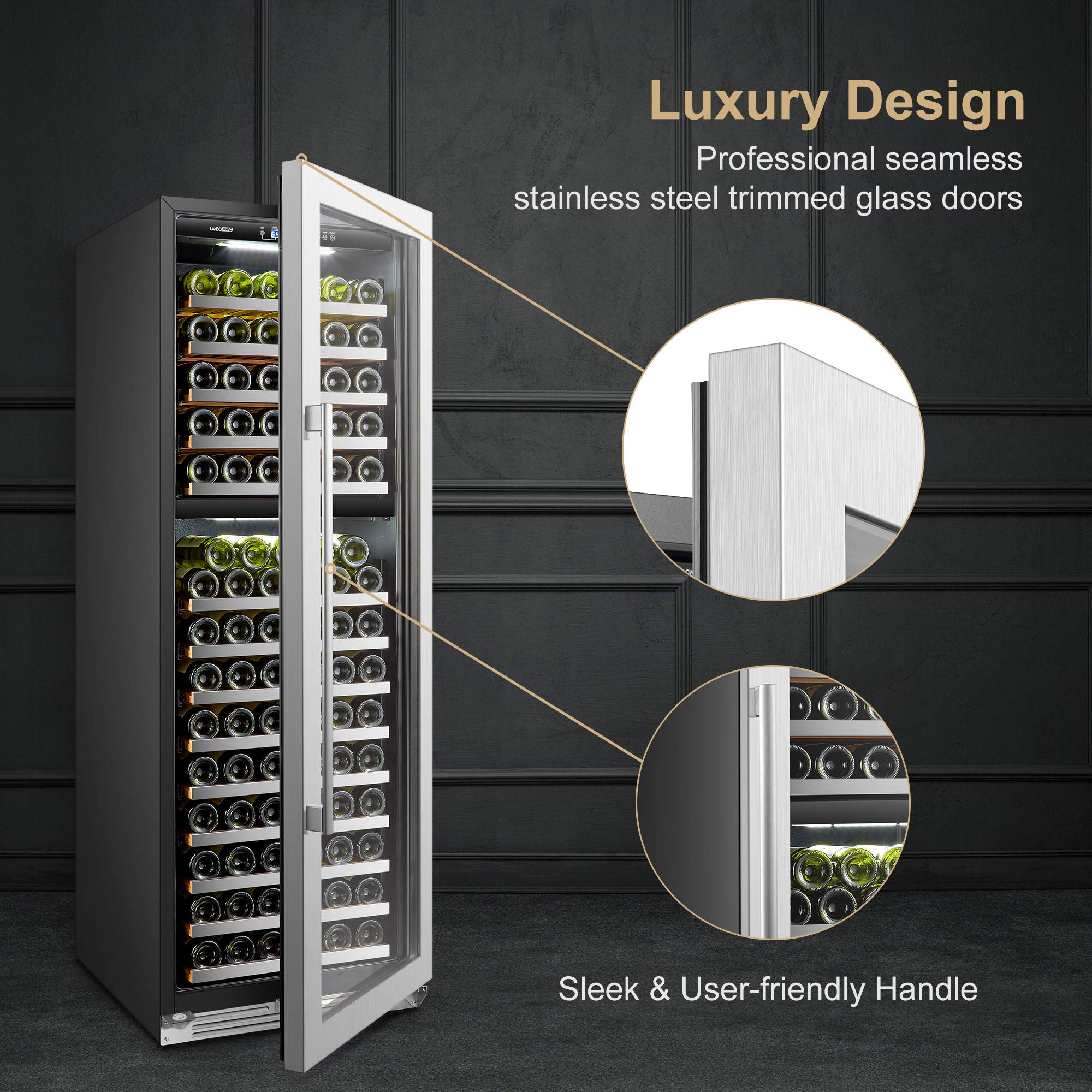LANBOPRO Wine Cooler Refrigerator 153 Bottle Built-in Dual Zone Wine Cooler, Seamless Stainless Steel Trimmed Door, 24 Inch