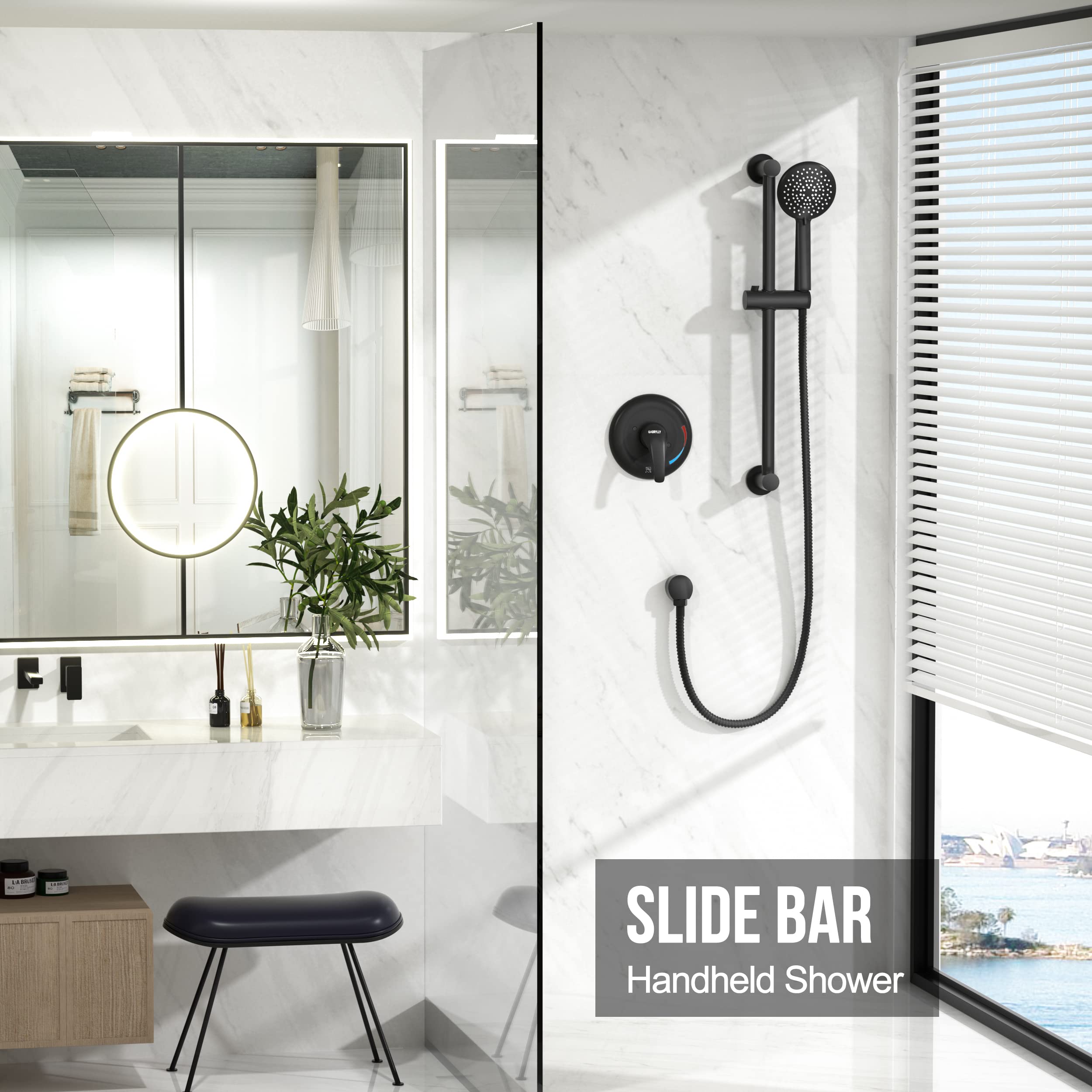 Gabrylly Slide Bar Shower Faucet Set for Bathroom with High Pressure 5-Setting Handheld Shower Set, Shower Valve with Trim and Diverter,Matte Black