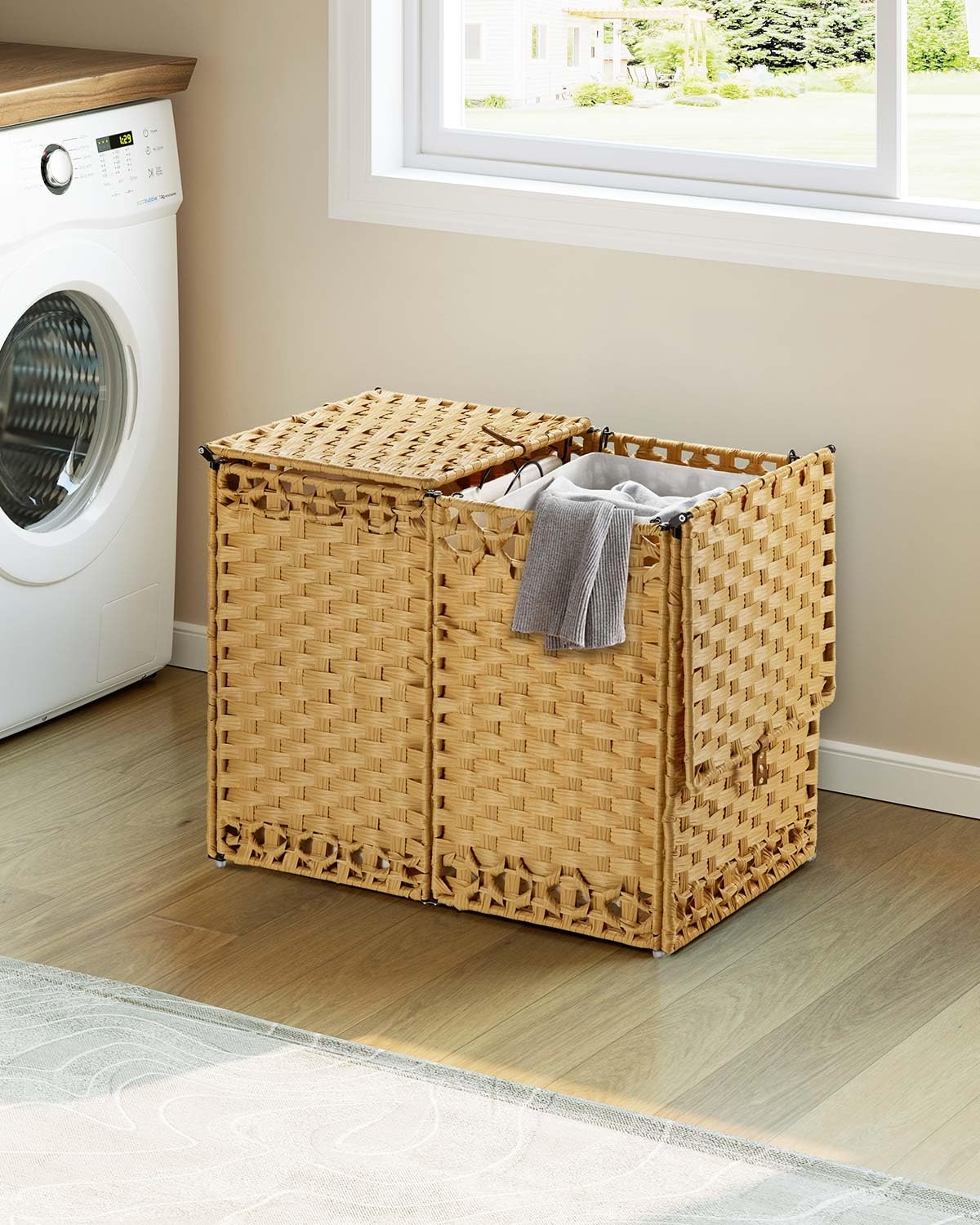 Greenstell Laundry Hamper with Lid and 2 & 1 Removable Liner Bags, No Install Needed, 130L Collapsible Laundry Basket, Wicker Clothes Hamper with Handles, Hamper for Bedroom, Bathroom, Goose Yellow