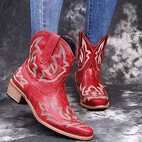 FASDNENDYS Pointed Toe Heels Booties Slip-On Women Short Shoes Embroidery Retro Women's Boots Heel Spur Brace Wine