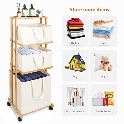 Homde Laundry Basket 3 Tier Bamboo Storage Shelf with Wheels Removable Storage Basket with Handle Freestanding Clothes Hamper Organizer for Bathroom Living Room Bedroom