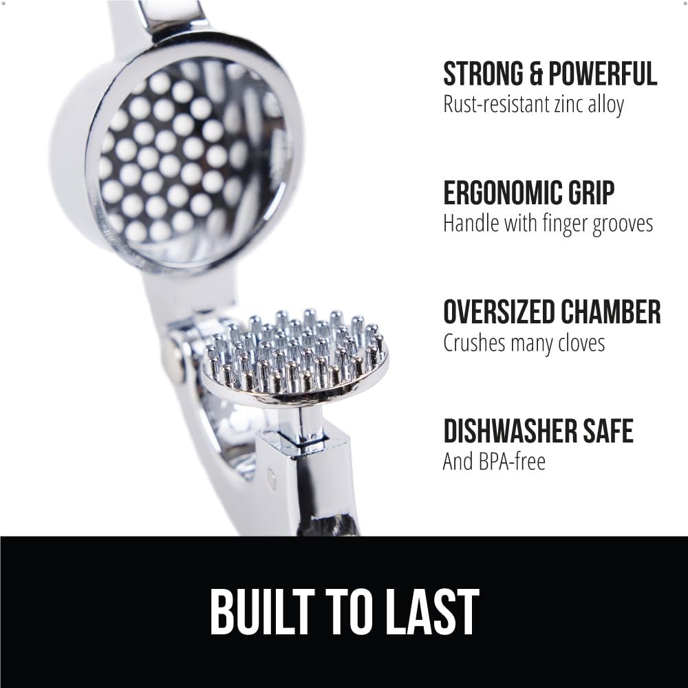 Gorilla Grip Garlic Press and Peel Set, Heavy Duty Mincer Tool, Easily Mince and Crush Garlics, Ginger, Nuts, Seeds, Large Ergonomic Handle, Peeler Included for Peeling Cloves, Kitchen Gadgets, Black