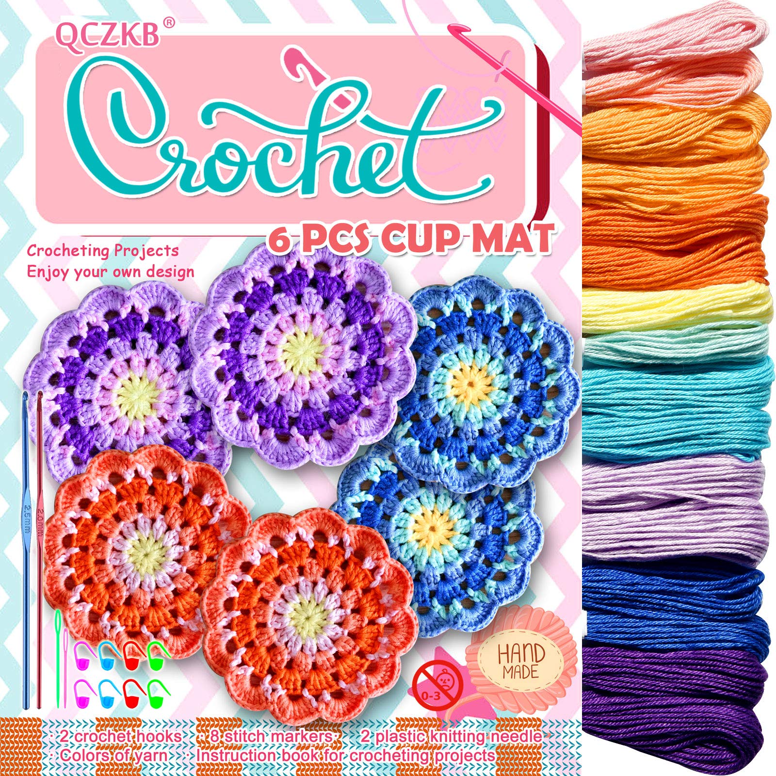 Crochet Kits |16 Cotton Size 3 Crochet Yarn Skeins Includes 2 Crochet Hooks, 2 Weaving Needles, Instruction Book，8knitting Stitch Markers|Perfect 6 Coaster Beginner Kit