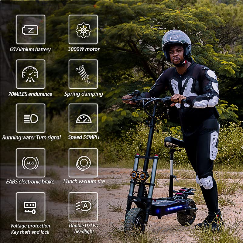 REDDYDY Adult Electric Scooter, Max Speed 55MPH,Total Power 6000W, 75mile Long Range Battery, 60V Dual Drive, 11-inch Wheels, Portable Foldable, Off Road (60V38AH 70-75 Mile Range)
