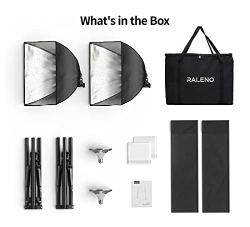 RALENO® Softbox Lighting Kit, 2 x 16'' x 16'' Photography Studio Equipments with 50W / 5500K / 90 CRI LED Bulbs, Continuous Lighting System for Video Recording and Photography Shooting