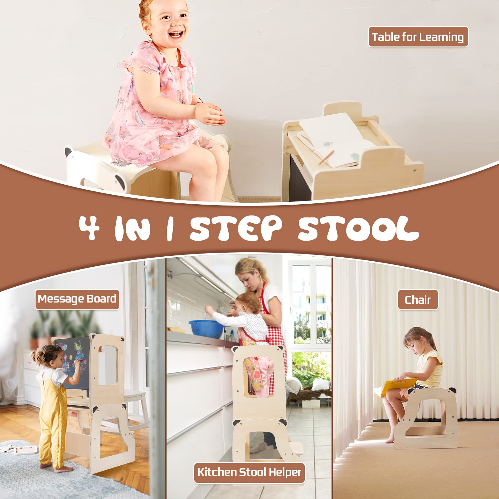 ibwaae 4 in 1 Wooden Toddler Tower Kitchen Step Stool Height Adjustable Standing Helper and Chalkboard Whiteboard Message Board