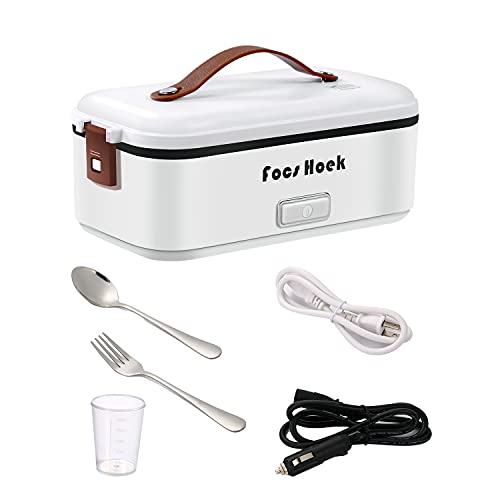 Focs Hoek Electric Lunch Box, 2-In-1 Portable Food Warmer Lunch Box for Car & Home 110V & 12V 80W Suitable for Cars, Homes, Work, Food-Grade Ceramic Coated Containers SS Fork & Spoon(White)