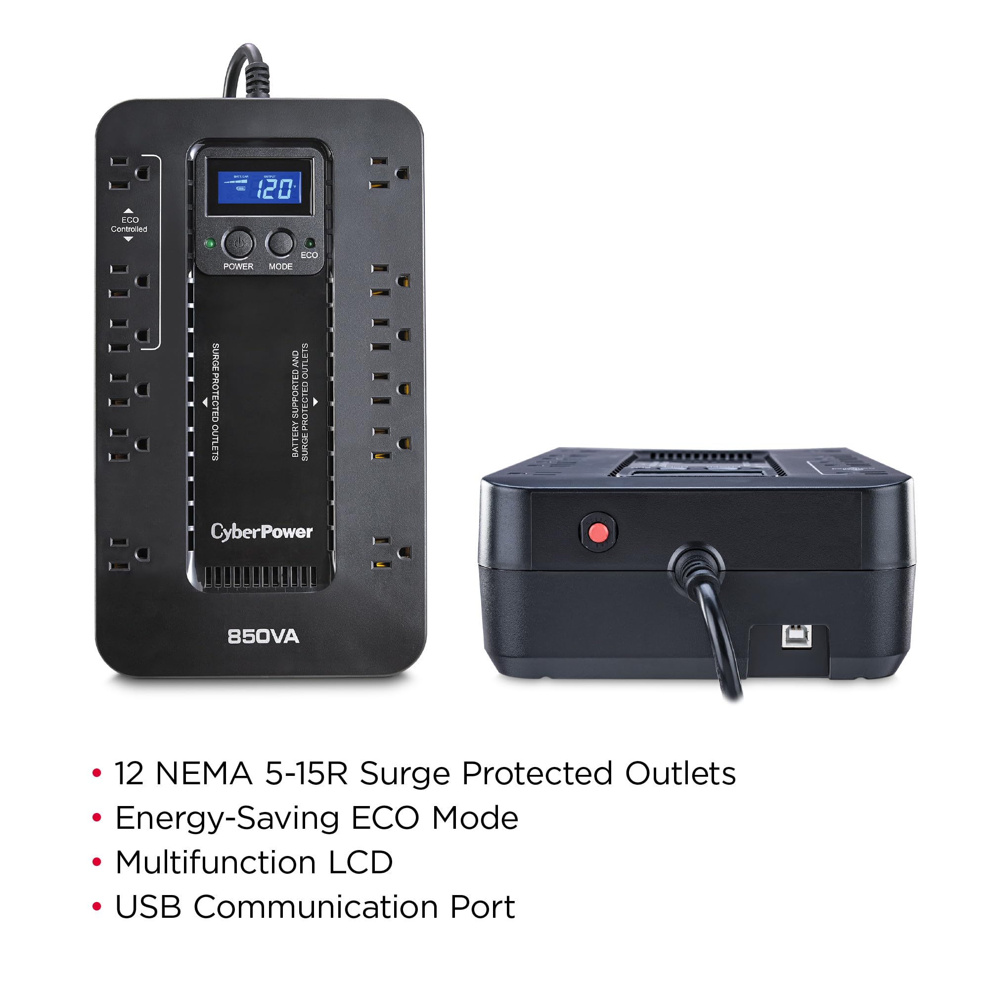 CyberPower EC850LCD Ecologic Battery Backup & Surge Protector UPS System, 850VA/510W, 12 Outlets, ECO Mode, Compact, Uninterruptible Power Supply