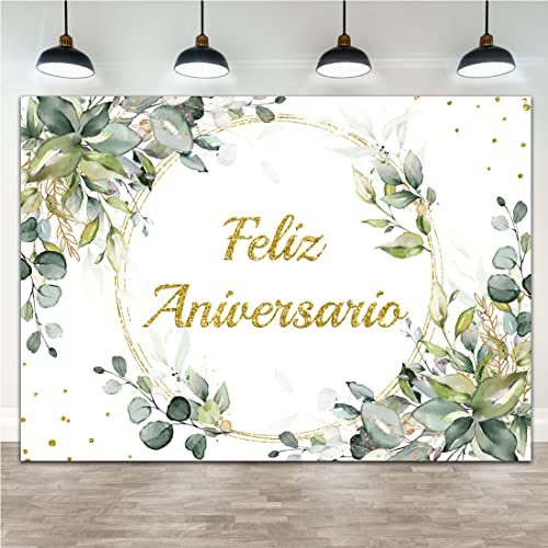 Lofaris Feliz Aniversario Backdrop for Photography Green Leaves Shinning Dots Gold Ring Mexican Happy Anniversary Decorations Supplies Floral Cake Table Banner Photo Booth Props 7x5ft