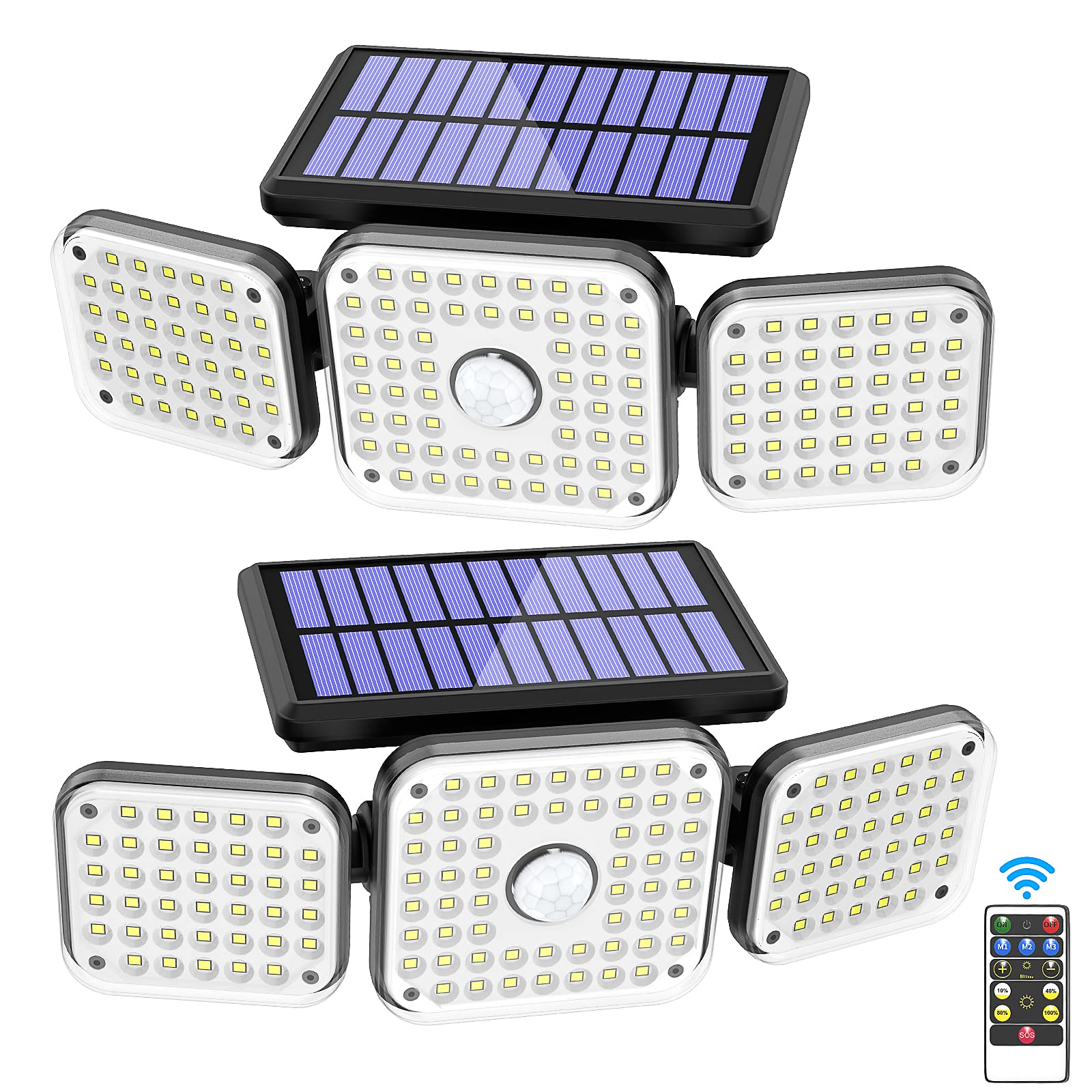 Solar Lights Outdoor, 132 LED 1500LM Solar Security Flood Lights with Remote Control, Wireless Motion Sensor Lights 3 Heads 270° Wide Angle Illumination IP65 Waterproof Wall Lights (2 Packs)