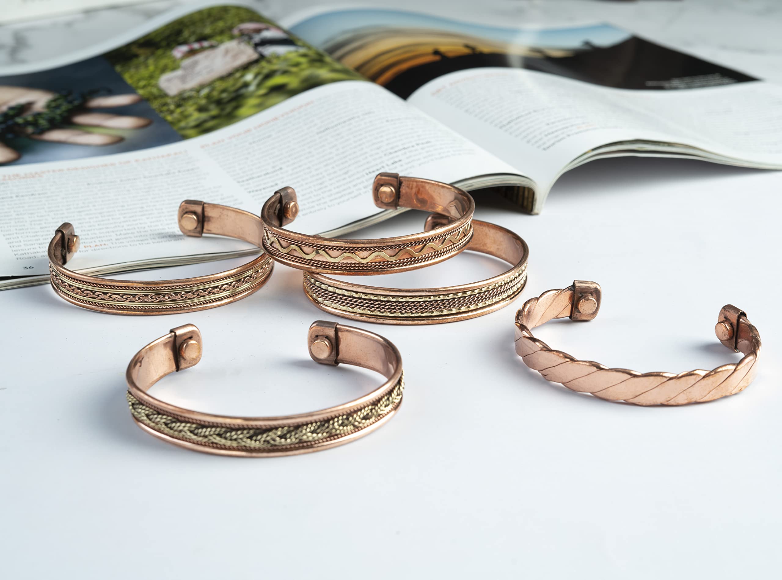 Crocon Exclusive Tibetan Copper Adjustable Bangle Bracelets set of 5 Indian pattern Unisex Yoga Jewelry Spiritual Gorgeous Collection Ideal Gift
